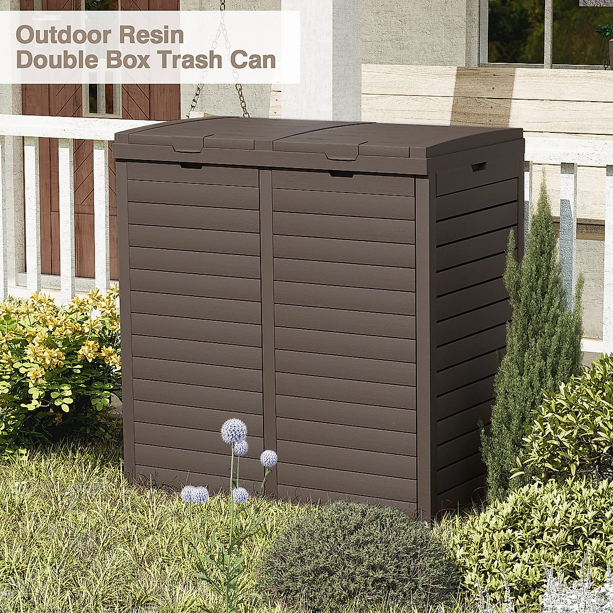 Greesum 78 Gallon Resin Outdoor Trash Can, Double Box Waste Bin with Tiered Lid, Drip Tray and Armrest for Patio, Backyard, Deck, 230 Liters, Dark Coffee