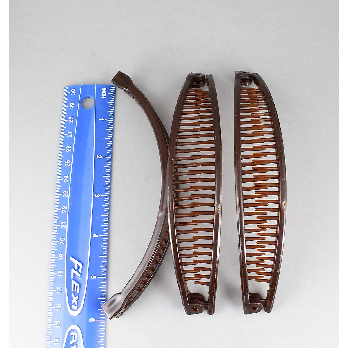 Brown set pack 3 banana hair clips comb claw teeth plastic 7inch long around the curve 80s style 5.5 inch straight line