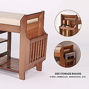 PETKABOO 2 Tier Shoe Bench, Shoe Rack with Hidden Drawer and Side Holder, Shoe Storage Bench Organizer for Entryway Hallway Living Room, Bamboo Material