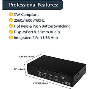 StarTech.com 4 Port DisplayPort KVM Switch w/ Audio - USB, Keyboard, Video, Mouse, Computer Switch Box for 2560x1600 DP Monitor , TAA (SV431DPUA)