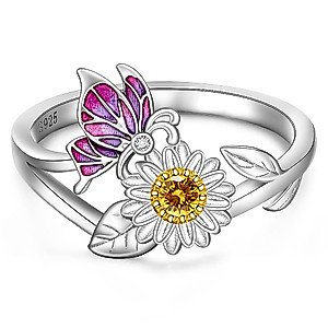 Fenthring Daisy Ring Butterfly Gifts for Women Flower Jewelry Sunflower Sterling Silver Engagement Dainty Cubic Zirconia Cute Rings Size 7