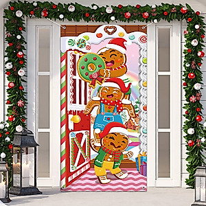 Christmas Door Cover Decorations Gingerbread House Door Cover Gingerbread Man Christmas Door Backdrop Banner Xmas Door Hanging Banner for Christmas Winter Party Ginger Bread Holiday Xmas Eve Supplies