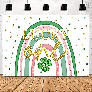 MEHOFOND Lucky One Backdrop St. Patrick's Day 1st Birthday Backdrop Lucky Charm Shamrock 1st Birthday Party Decorations Supplies Green Clover Rainbow Photography Background Vinyl 7x5ft