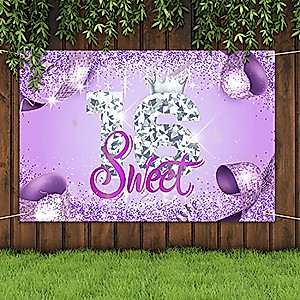 Happy 16th Birthday Banner Backdrop Sweet 16 Years Old Queen Purple Background Bday Decorations for Girls Women Photography Party Supplies Glitter