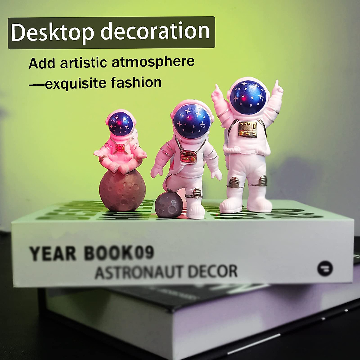 4 PCS Astronaut Figurine, Blue Astronaut Figure Toy Desktop Ornaments Resin Outer Space Birthday Cupcake Spaceman for Kids Party Funny Gift, 3PCS Astronaut and 1PCS Keychain, Desk Decor, Shelf Decor