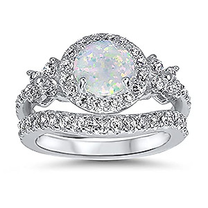 LaRaso & Co His Hers TRIO Wedding Set Titanium Band Sterling Silver White Opal Bridal Engagement Ring Set Him Her 9/6