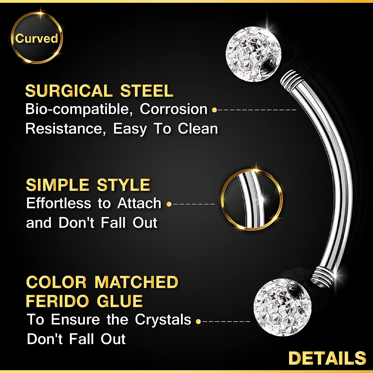 2PCS Surgical Steel Curved Barbell Ring 16g 3/8"(10mm) 3mm Clear Crystal Ball Tragus Earrings Eyebrow Piercing Jewelry 7982