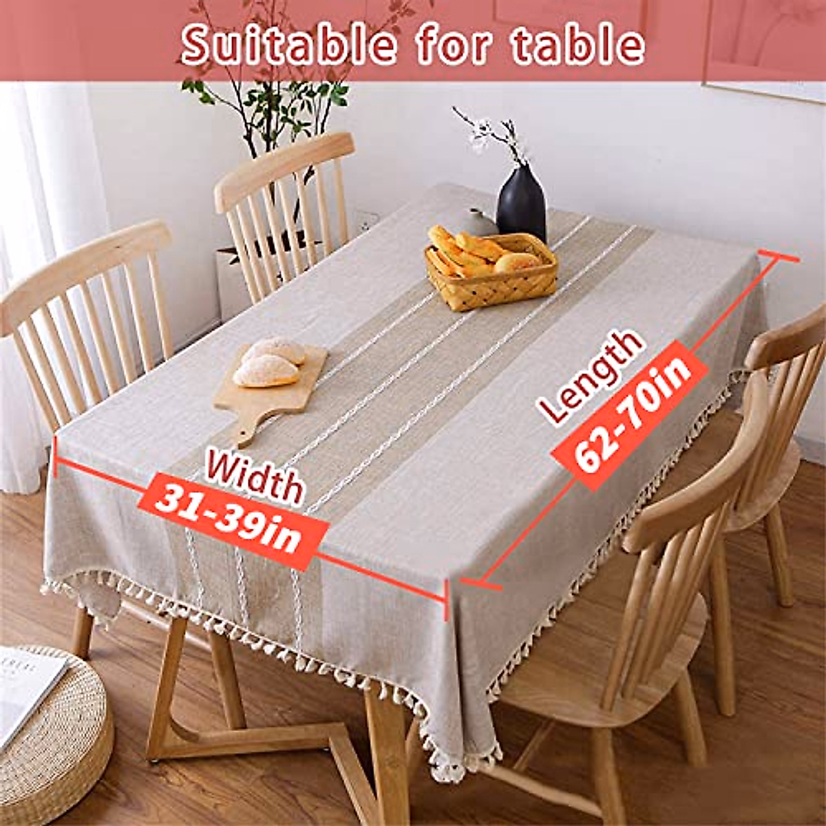 Vonabem Table Cloth Tassel Cotton Linen Table Cover for Kitchen Dinning Wrinkle Free Tablecloths Rectangle/Oblong (58''x86'', 6-8 Seats, Grey)