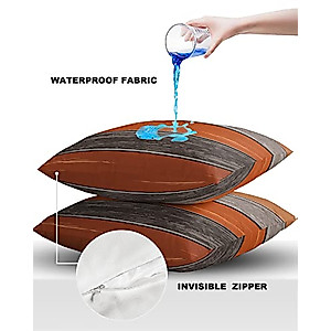 Outdoor Waterproof Pillow Covers for Patio Furniture Wooden Board Decorative Throw Pillow Cover Autumn Orange Ombre Wood Grain Pillowcases Set of 2 Cushion Case for Sofa Couch Chair 16 x 16 in