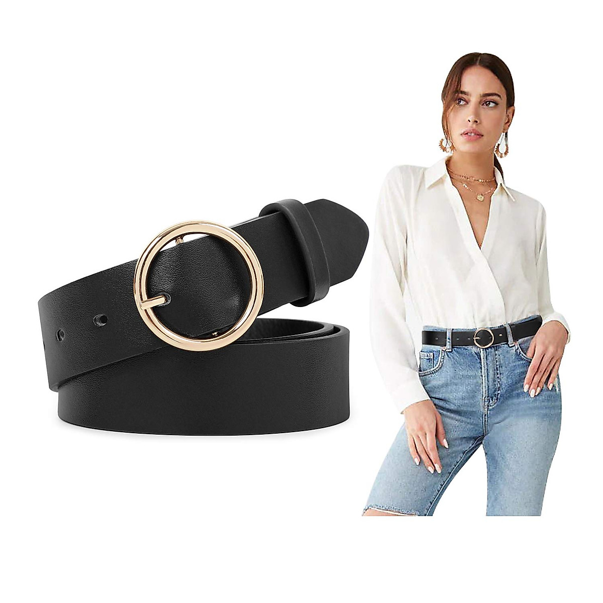 SUOSDEY Women Leather Belts,Plus Size Fashion Soft Faux Leather Jeans Belts with O-Ring Buckle,black