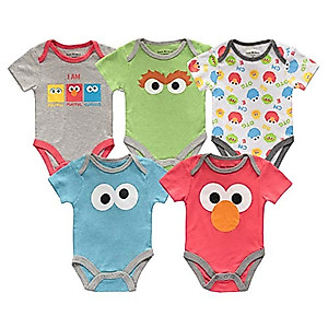 Happy Threads Sesame Street Baby Boys Short Sleeve Onesie Bodysuits 5 Pack Gift Set (Multicolored, 6-9 Months) (ASEB047PK)