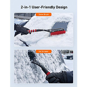 AstroAI 2 Pack 27" Snow Brush and Ice Scrapers for Car Windshield, Detachable Snow Scrapers with Ergonomic Foam Grip for Cars, Trucks, SUVs (Heavy Duty ABS, PVC Brush, Red)
