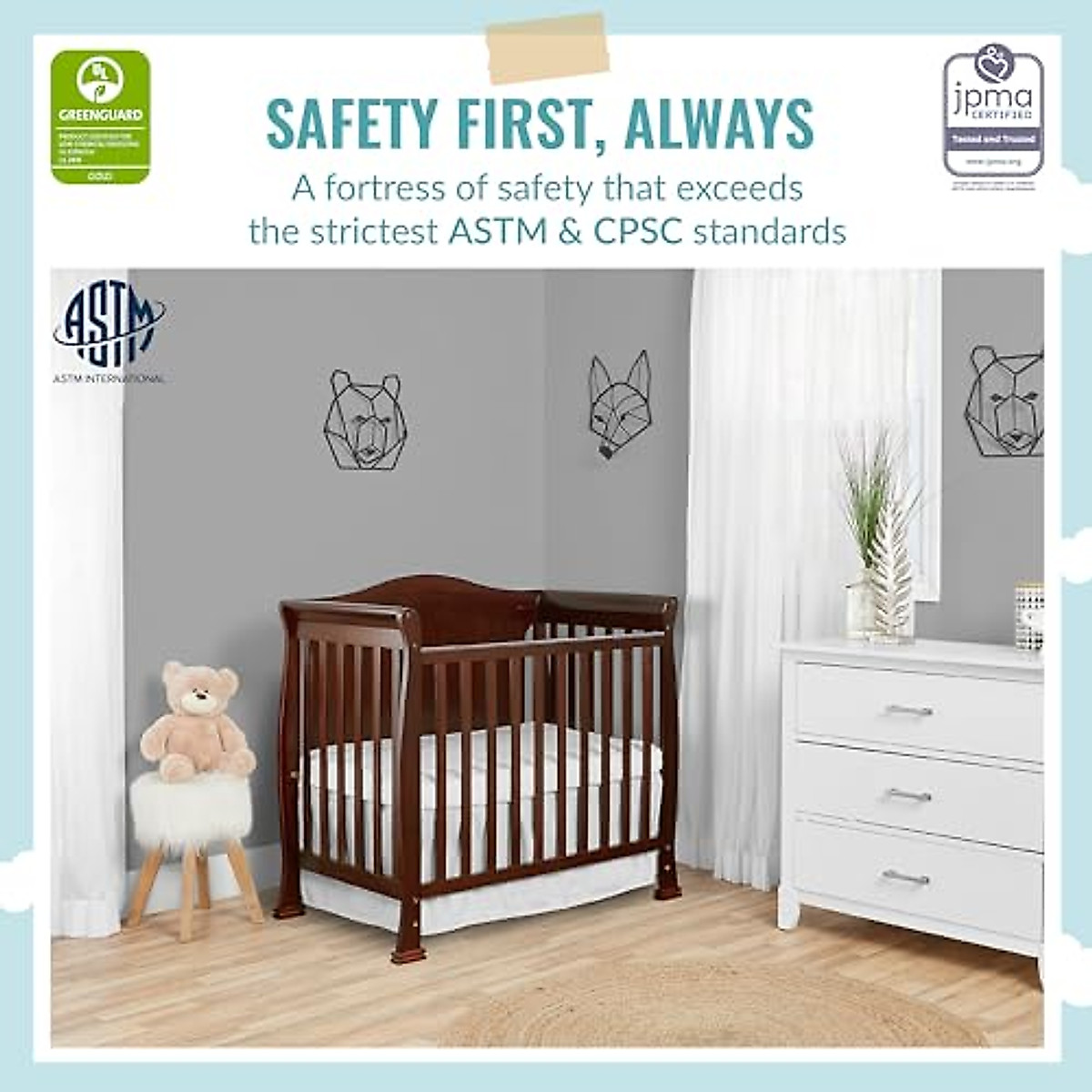 Dream On Me Addison Full Panel 4-in-1 Convertible Mini Crib in Espresso, JPMA Certified Baby Crib, Non-Toxic Finish, New Zealand Pinewood, Low to Floor Design
