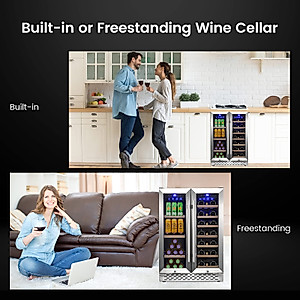 Wine and Beverage Refrigerator, 24 Inch Dual Zone Wine Cooler with Glass Door, Built-In Cooler with Independent Temperature Control and Quite Cool System, 40 Bottles and 55 Cans Capacity