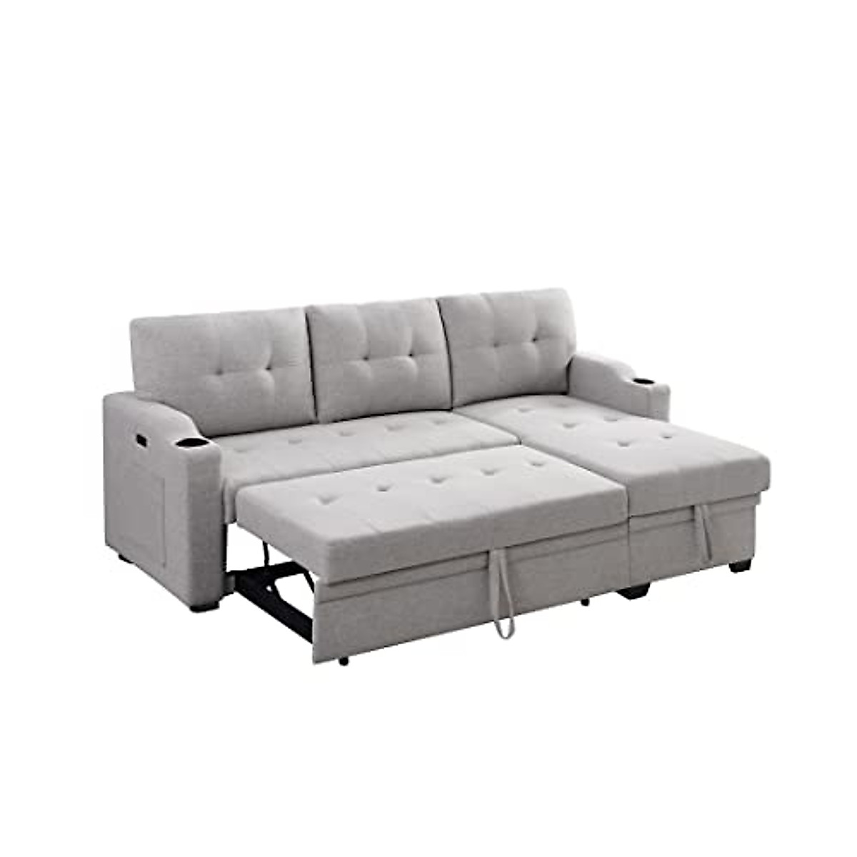 FANYE Linen Upholstery Tufted Sofa&Couch,L-Shaped Corner Reversible Sleeper Sectional Sofa Couch Sofabed w/Storage Chaise,Cupholders, USB Charging Port and Pockets for Living Room Furniture Set