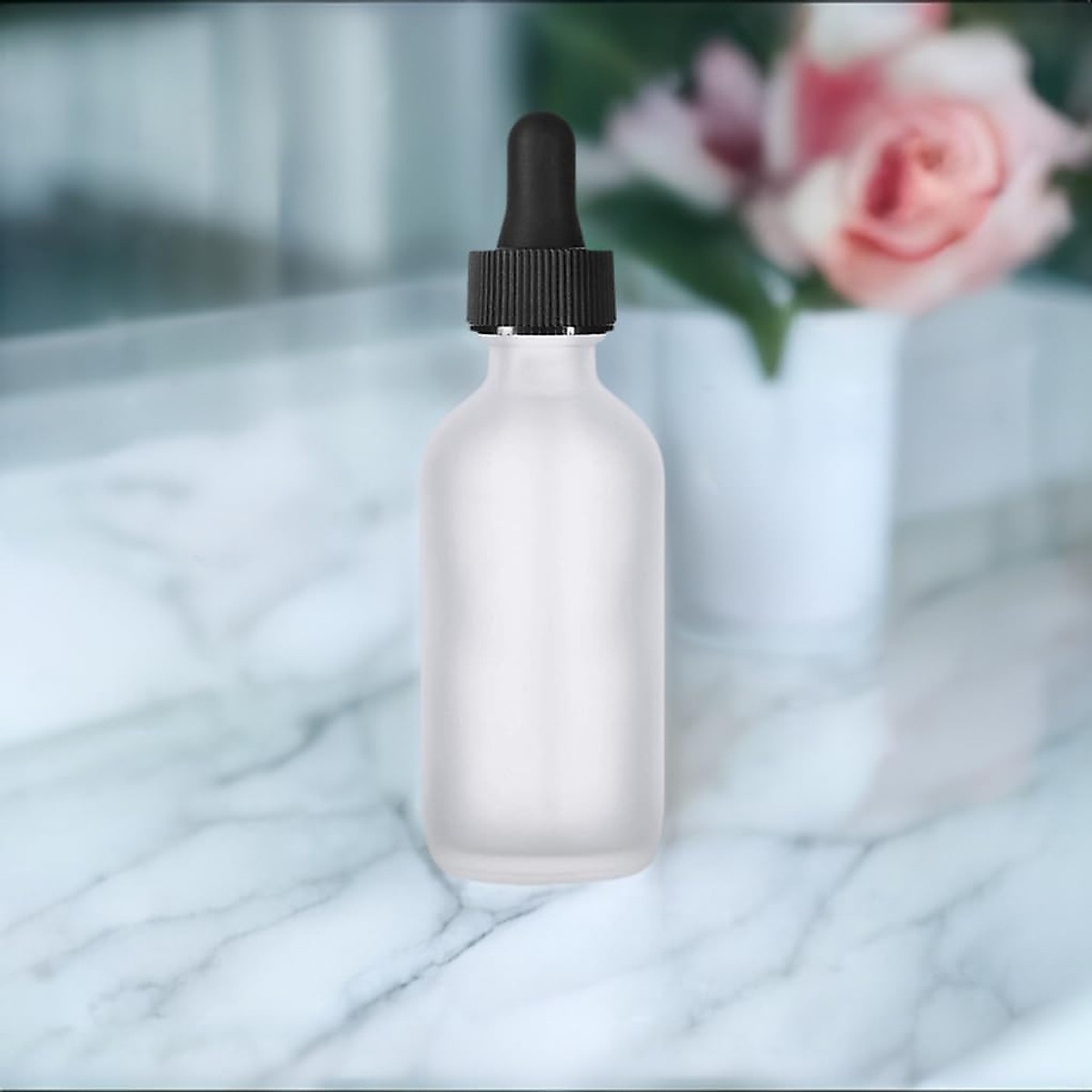 JUVITUS 2 oz / 60 ml Frosted Clear Glass Boston Round Bottle with Graduated Measurement Black Dropper (12 pack) + Funnel