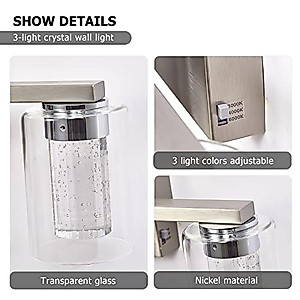 SADENICEL Brushed Nickel Vanity Lights, 3-Light Bathroom Light Fixtures, Crystal LED Bathroom Lights Dimmable White/Neutral/Warm Light with Clear Glass Shade for Bathroom Bedroom Hallway Lighting