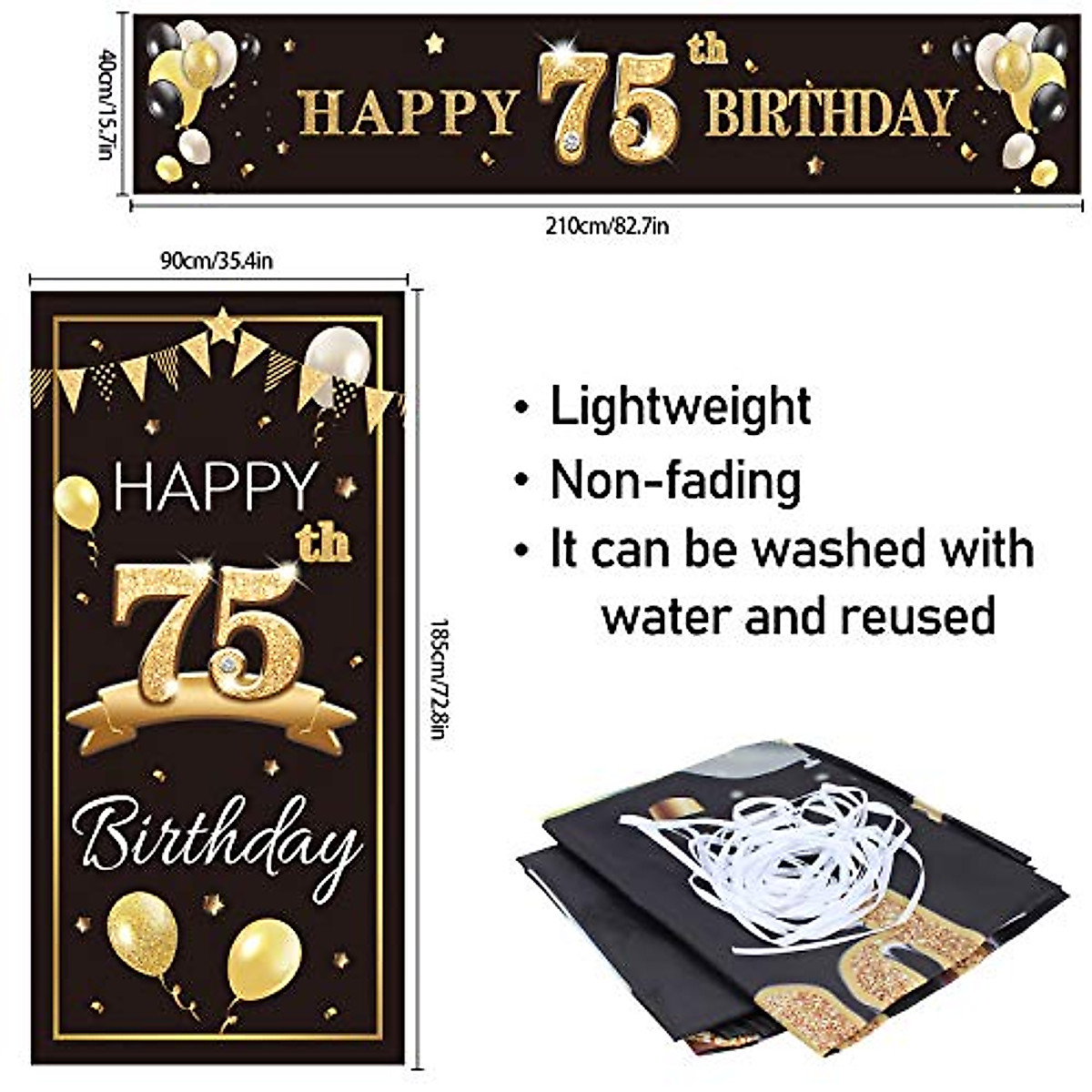 PAKBOOM Happy 75th Birthday Door Cover Porch Banner Sign Set - 75 Years Old Birthday Decorations Party Supplies for Men - Black Gold