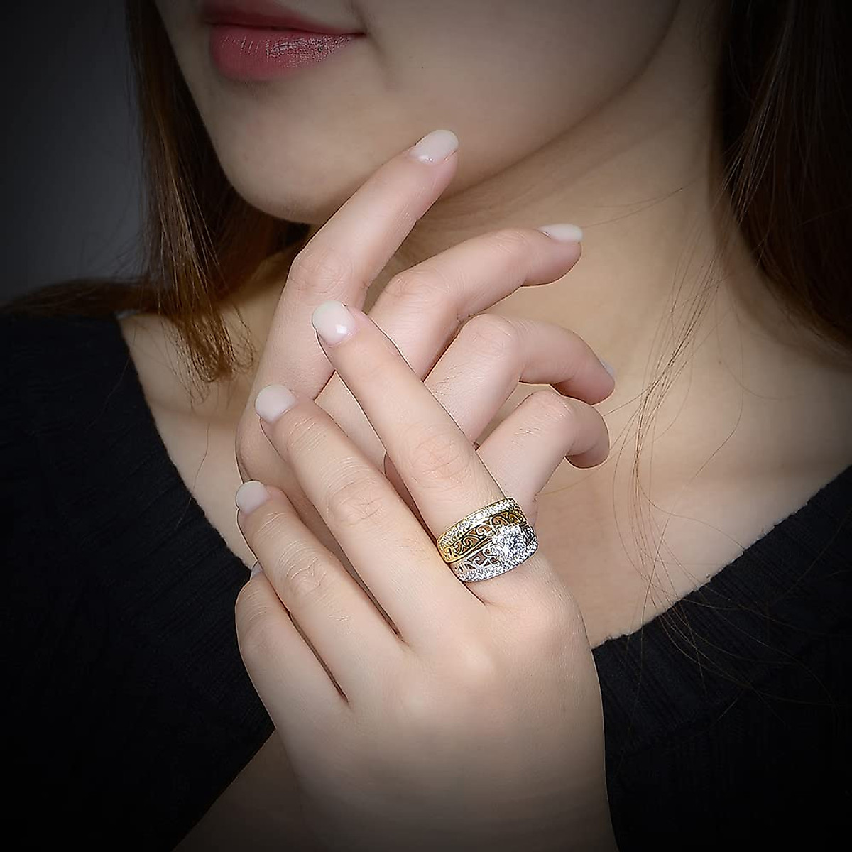 Mytys 18K Gold Plated Two-in-One Rings for Women Wedding Engagement Eternity Rings Halo Cubic Zirconia Bridal Rings Set Size 8