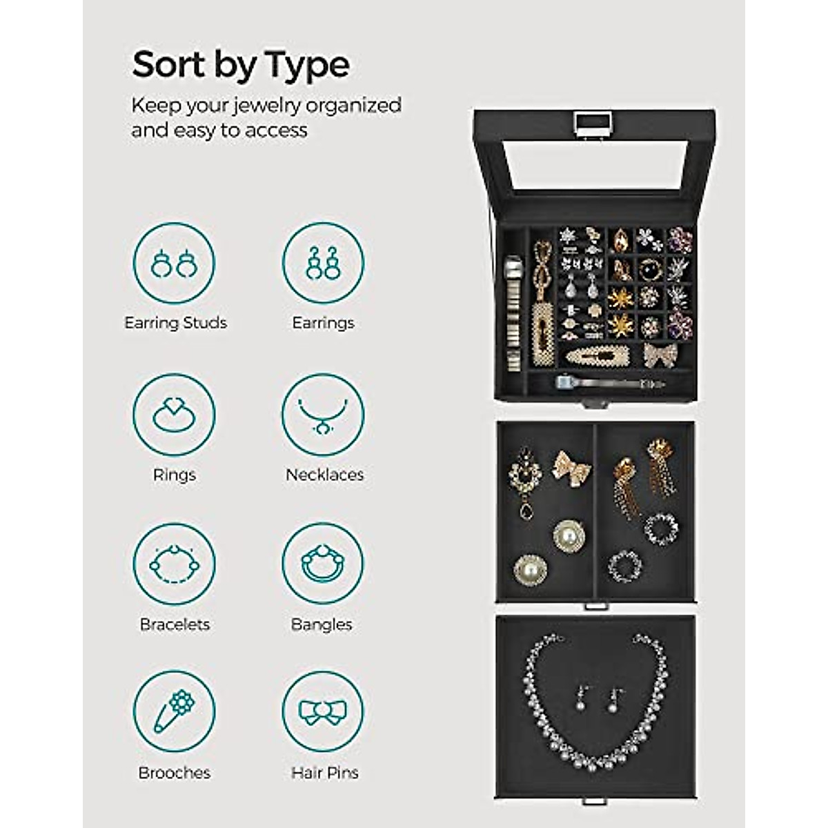 SONGMICS Jewelry Box, Lockable Jewelry Storage Organizer, Jewelry Case with Glass Window, for Rings, Earrings, Studs, Bracelets, Necklaces, Black UJBC158B01