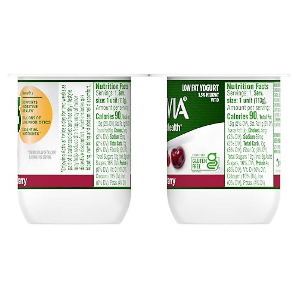 ACTIVIA Probiotic Lowfat Yogurt, Non-GMO Project Verified, Black Cherry, 16 Oz, Pack of 4