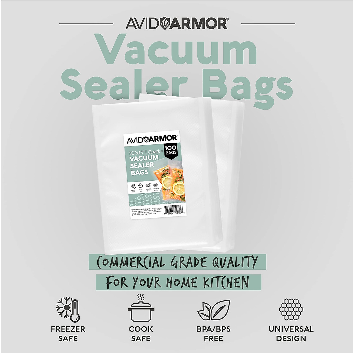Avid Armor Vacuum Sealer Bags QUART PLUS Size 10"x13" 100 Pack for Food Saver and Seal A Meal Vac Sealers BPA Free Commercial Grade Sous Vide Vaccume Safe, Heavy Duty Universal Precut Storage Bag