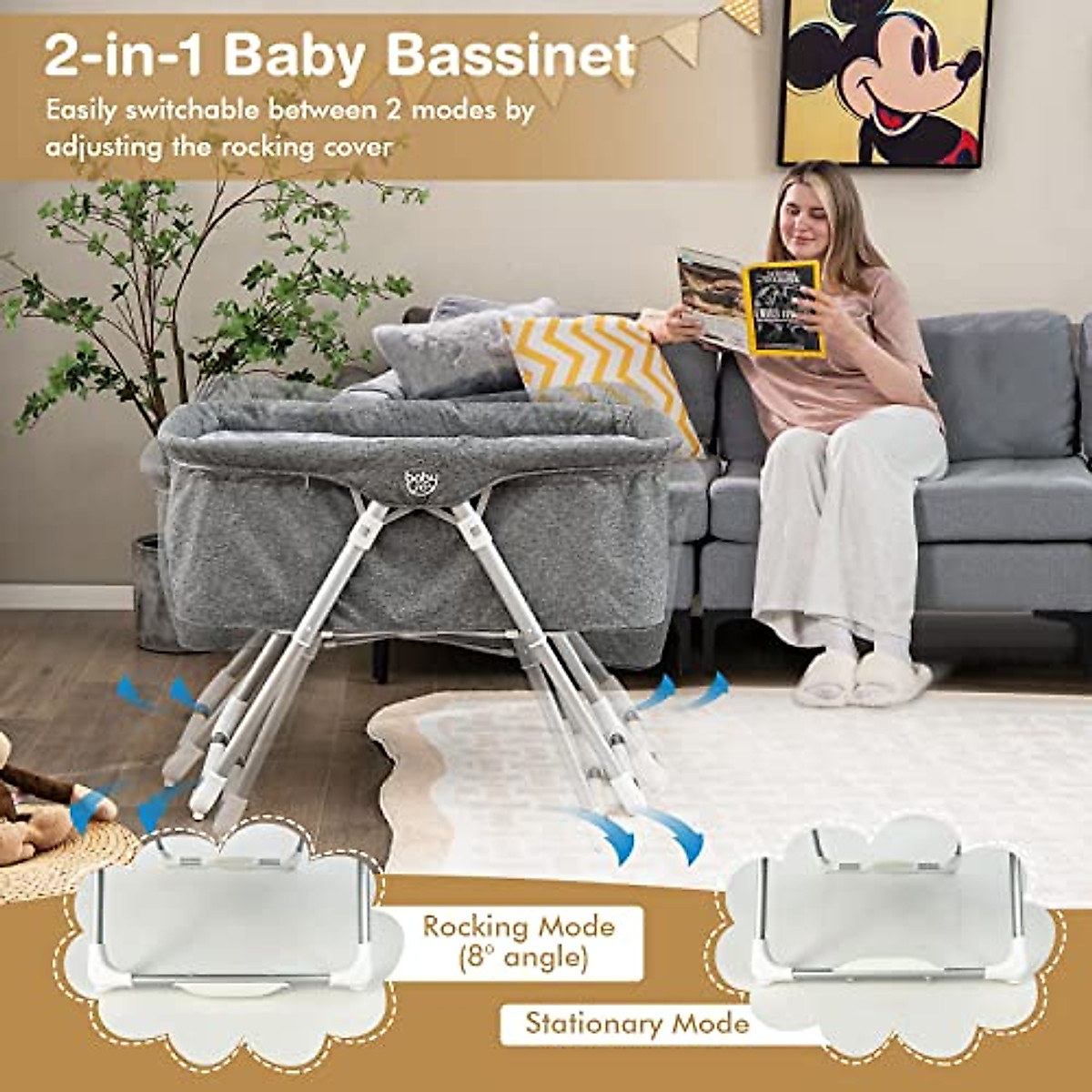 BABY JOY Bassinet, 2 in 1 Rocking Bassinet for Baby w/Detachable Curtain Cloth, Mattress, Breathable Mesh, Adjustable Height, Quick Folding Crib w/Travel Bag for Newborn Infants, Portable Bassinet