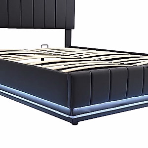YSWH Queen Size Upholstered Platform Bed, Wood Storage Bed Frame with Hydraulic Storage System, LED Lights, Sockets and USB Ports, Kids Adults Bedroom Furniture Platform Versatility Bed (Black)