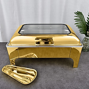 HONHPD Alcohol Chafing Dish, 9QT Rectangular Full Size Chafing Dish Buffet Set with Transparent Glass Lid Top, Soft-Close Lid, Chafer for Catering Buffet Servers and Warmers (Golden)