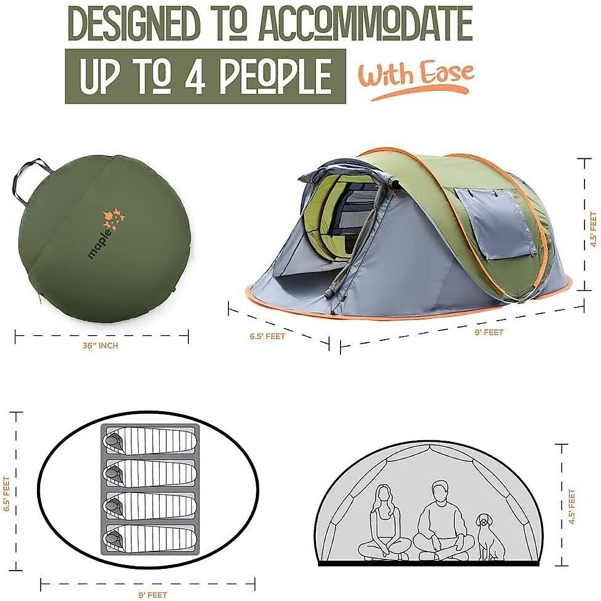 Easy Pop Up Tent with 2 Doors Camping Tent - 4-Person - UPF50+ Waterproof