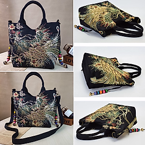 Women Vintage Sequins Peacock Handbag - Ethnic Embroidery with Pendants (black)