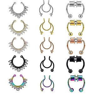 REVOLIA 15 Pcs Fake Nose Rings Hoop Stainless Steel Fake Septum Ring Faux Non-Pierced Clip On Nose Hoop 5C
