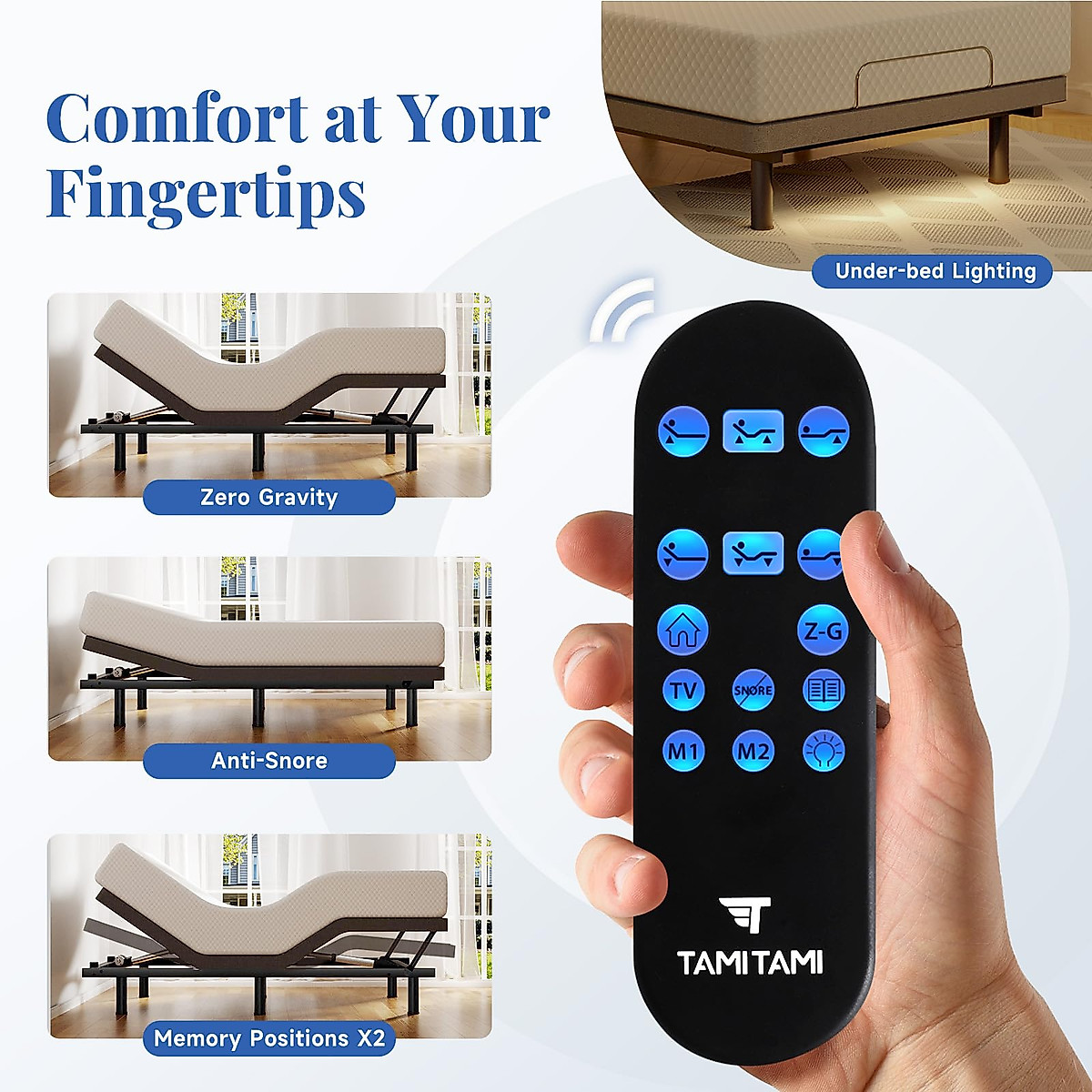 Tami Tami T600 Adjustable Bed Frame Split King Size with Remote & Massage - Syncable Electric Beds Bases w/Zero Clearance, Zero Gravity, Dual Side USB, Nightlight, Quiet Motor, 5 Min Easy Assembly