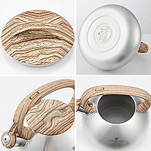 Teapot Whistling Tea Kettle with Wood Pattern Handle Loud Whistle,Food Grade Stainless Steel Tea Pot for Stovetops Water Kettle(Silver-RW)