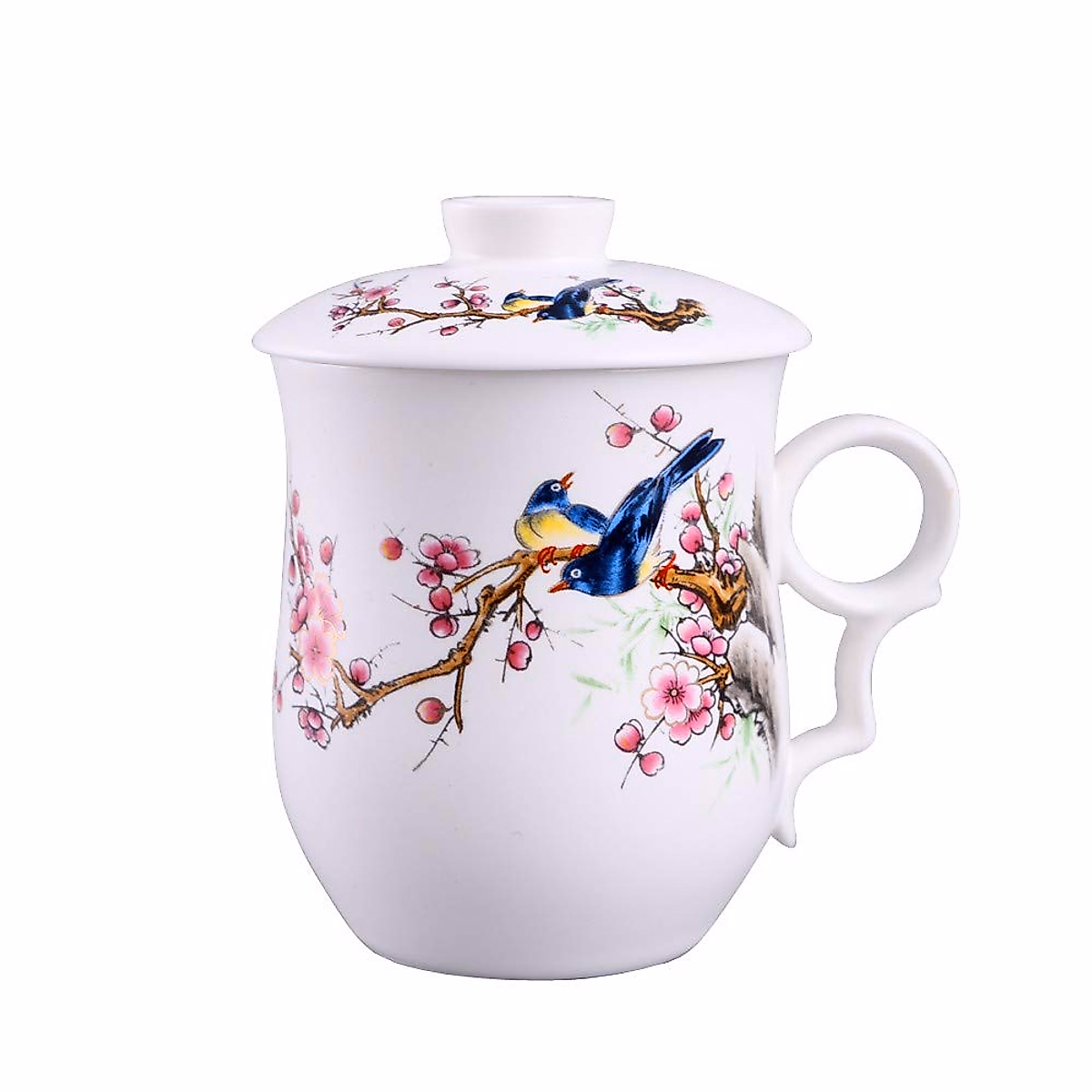 CYXChenyu Ceramic Tea Mug with Lid, Anti-scalding Handle Design Ceramic Coffee Mug or Tea Cup Milk Tea Drink Porcelain Cup, Great for Tea Lover Gift (Magpie)