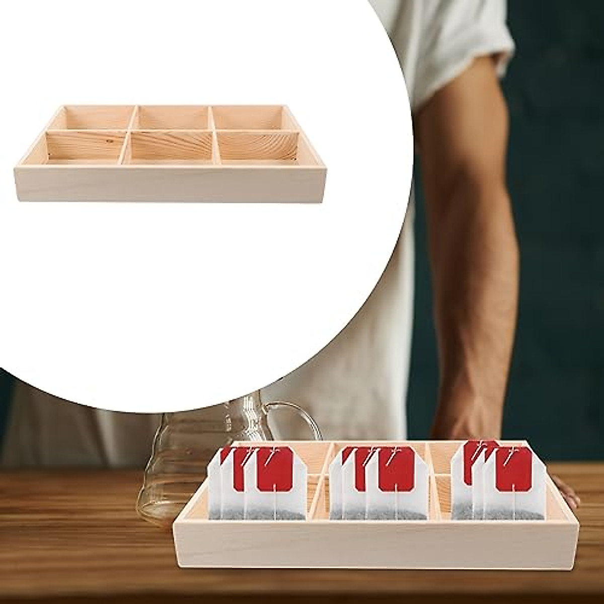Tea Bag Holder Bamboo Tea & Food Storage Organizer Container Box 6 Compartment Tea Coffe Packet Box Wooden Sugar Bag Box for Tea Bags Coffee Snacks Sugar Sweeteners Small Packets