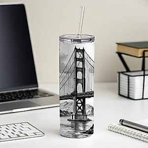 Sketch Of Golden Gate Bridge San Francisco California Skinny Tumbler 20oz with Straw Insulated Water Bottle Gift