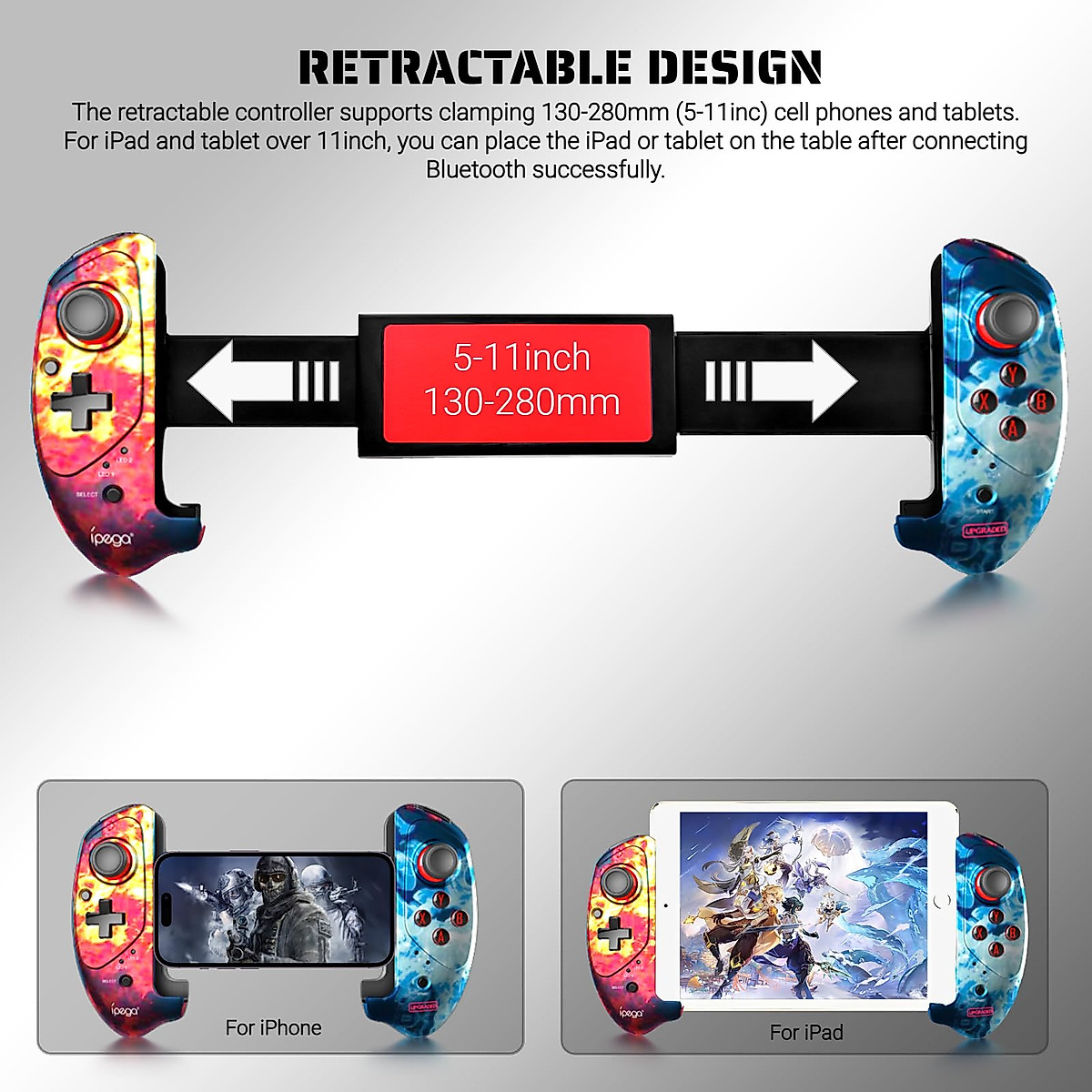 arVin Wireless Gaming Controller for iPad/Mini/Air/Samsung Galaxy Tab/HUAWEI MatePad/Yoga Tab[within 5-11"] Gamepad Joystick for iPhone 15/14/13 Pro Max/Galaxy 23/22/21/PC/Call of Duty Mobile/Genshin