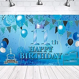 Happy 11th Birthday Backdrop Banner Blue 11th Sign Poster 11 Birthday Party Supplies for Anniversary Photo Booth Photography Background Birthday Party Decorations, 72.8 x 43.3 Inch