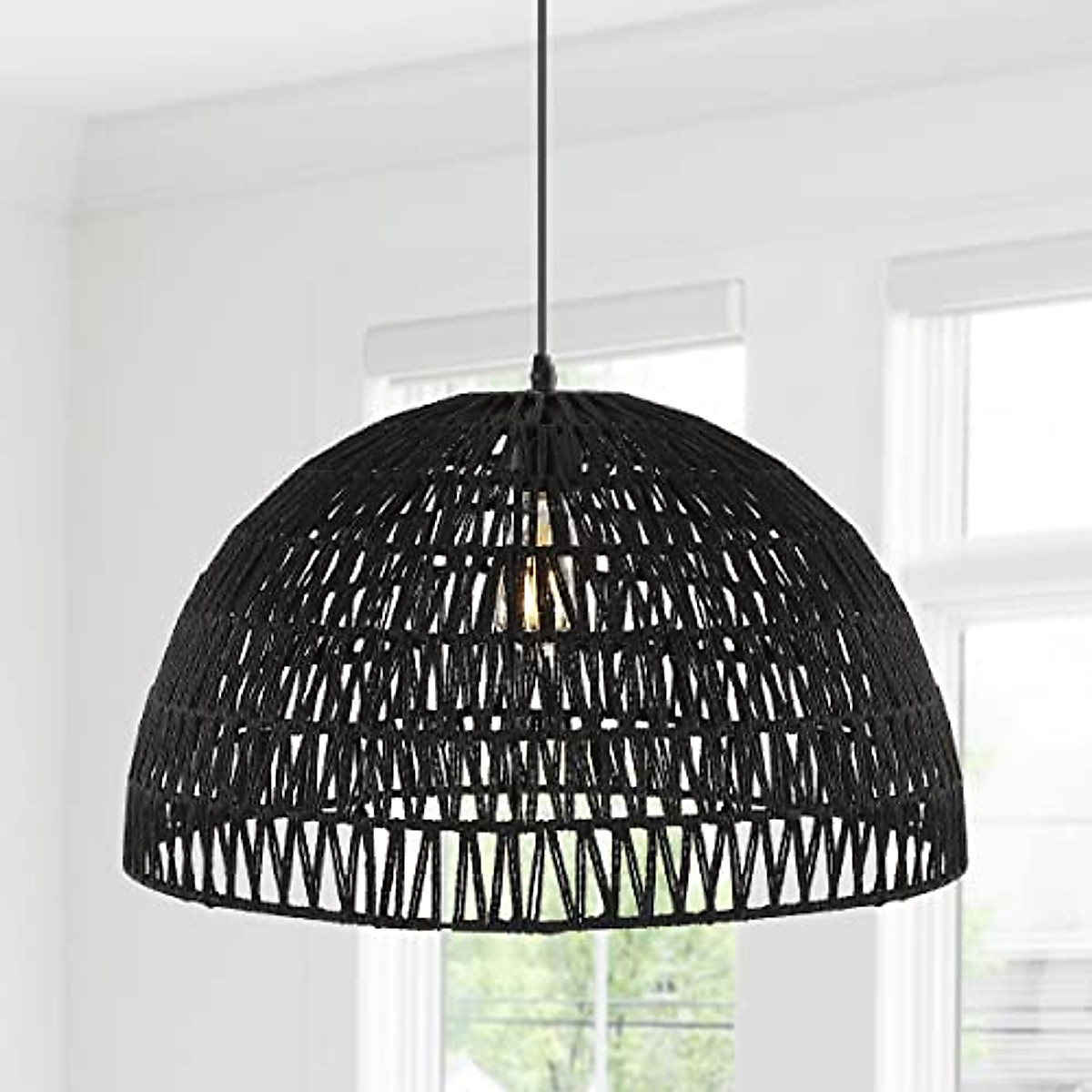 JONATHAN Y JYL6504C Campana 20" 1-Light Bohemian Modern Woven Rattan/Iron LED Pendant Farmhouse Coastal Adjustable Dining Room Living Room Kitchen Island Foyer Bedroom Hallway, Black