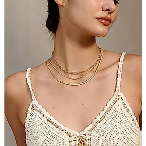 Tewiky Layered Gold Necklace for Women Trendy 14K Real Gold Plated Chain Choker Necklace Set for Women Gold Jewelry for Women Waterproof Chunky Herringbone Cuban Link Paperclip Rope Necklace Gift