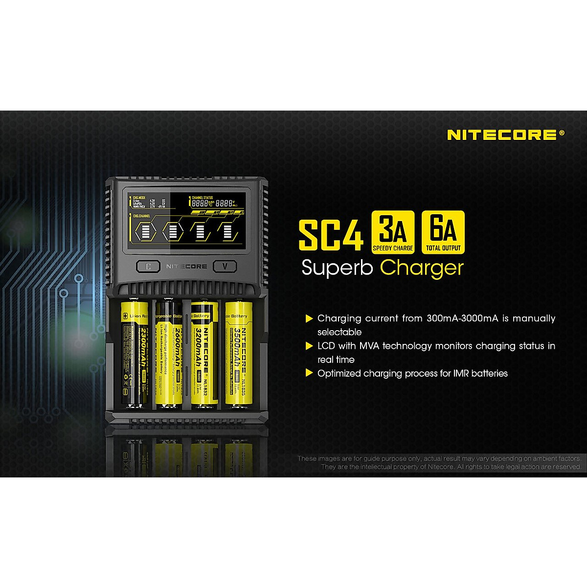 Nitecore SC4 Superb Charger with USB Output includes Car Charger Adapter and LumentTac Battery Organizer Bundle for 18650 17650 17670 RCR123A 16340 14500 Batteries