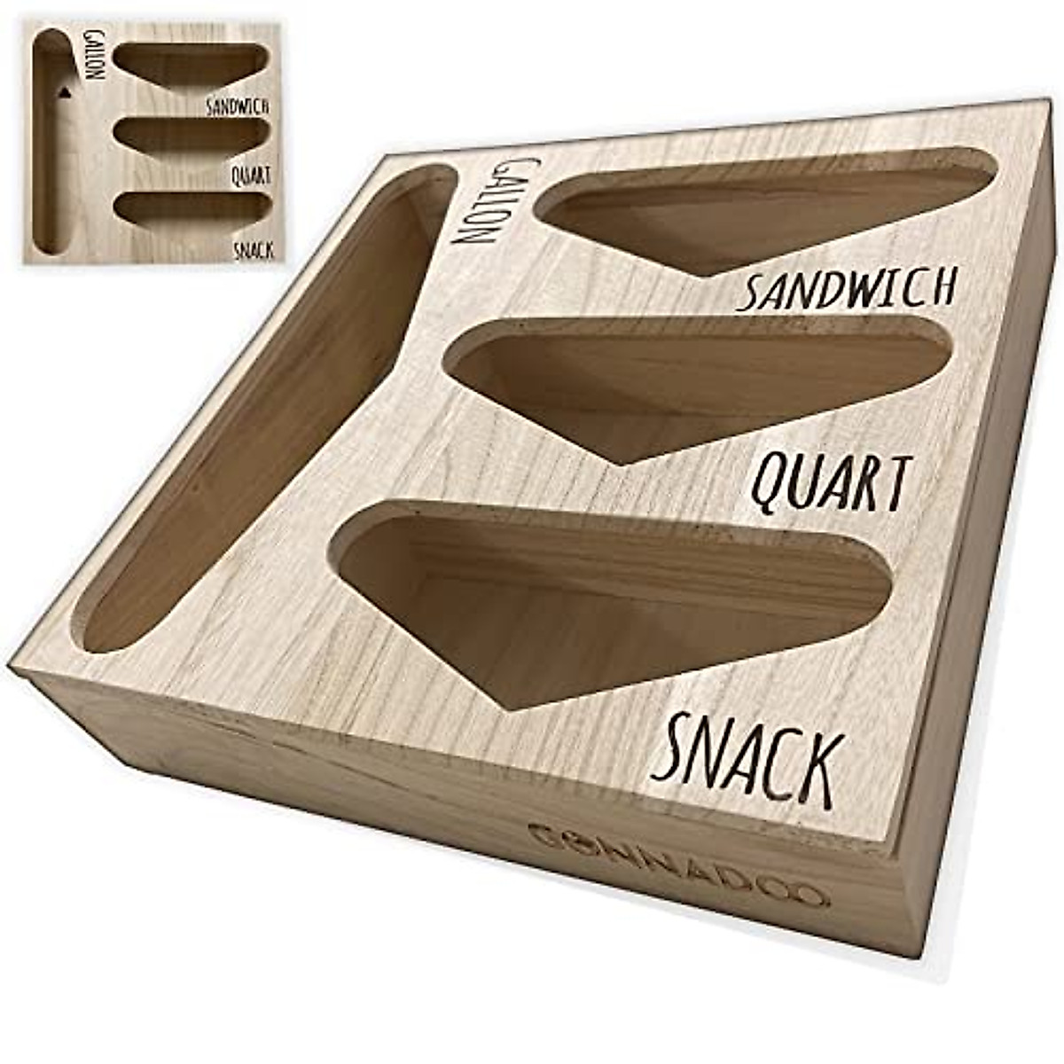GONNADOO Wood Ziplock Organizer Box, Wood Kitchen Food Baggie Organization Dispenser for Kitchen Drawer Box, organizers and storage with Gallon, Quart, Sandwich and Snack Variety Size Bags (Natural)