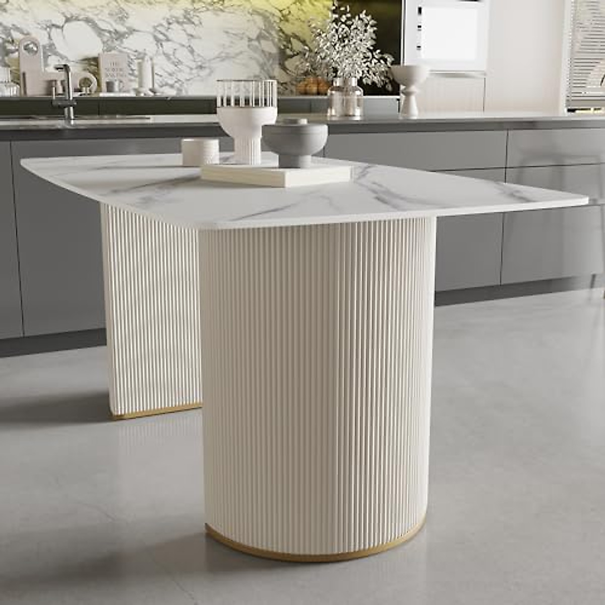 LovingAHome Modern Rectangle Marble Dining Table for 8,79" White Marble Sintered Stone Dining Table with Semi-Circular Pedestal,Faux Marble Kitchen Dinner Table Wrapped in PU Leather (Table Only)