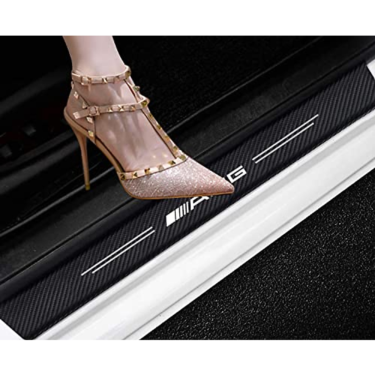 Car Stickers for Car Door Threshold Protection with AMG Logo,4PCS Carbon Fiber Door Sill Scuff Plate Protective Covers, Self-Adhesive Door Entry Guard Stickers, Interior Accessories Anti-Collision