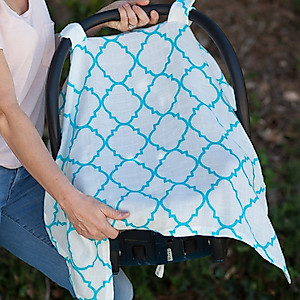 Maddie Moo Car Seat Canopy with Breathable, Muslin for Baby Seats, Blue and White Pattern