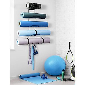 5-Tiers Yoga Mat Holder Wall Mount, Metal Storage Rack for Yoga Mat/Wheels, Foam Roller and Block, Wall Yoga Mat Rack with 3-Hooks for Hanging Stretching Strap, Resistance Bands, Yoga Accessories