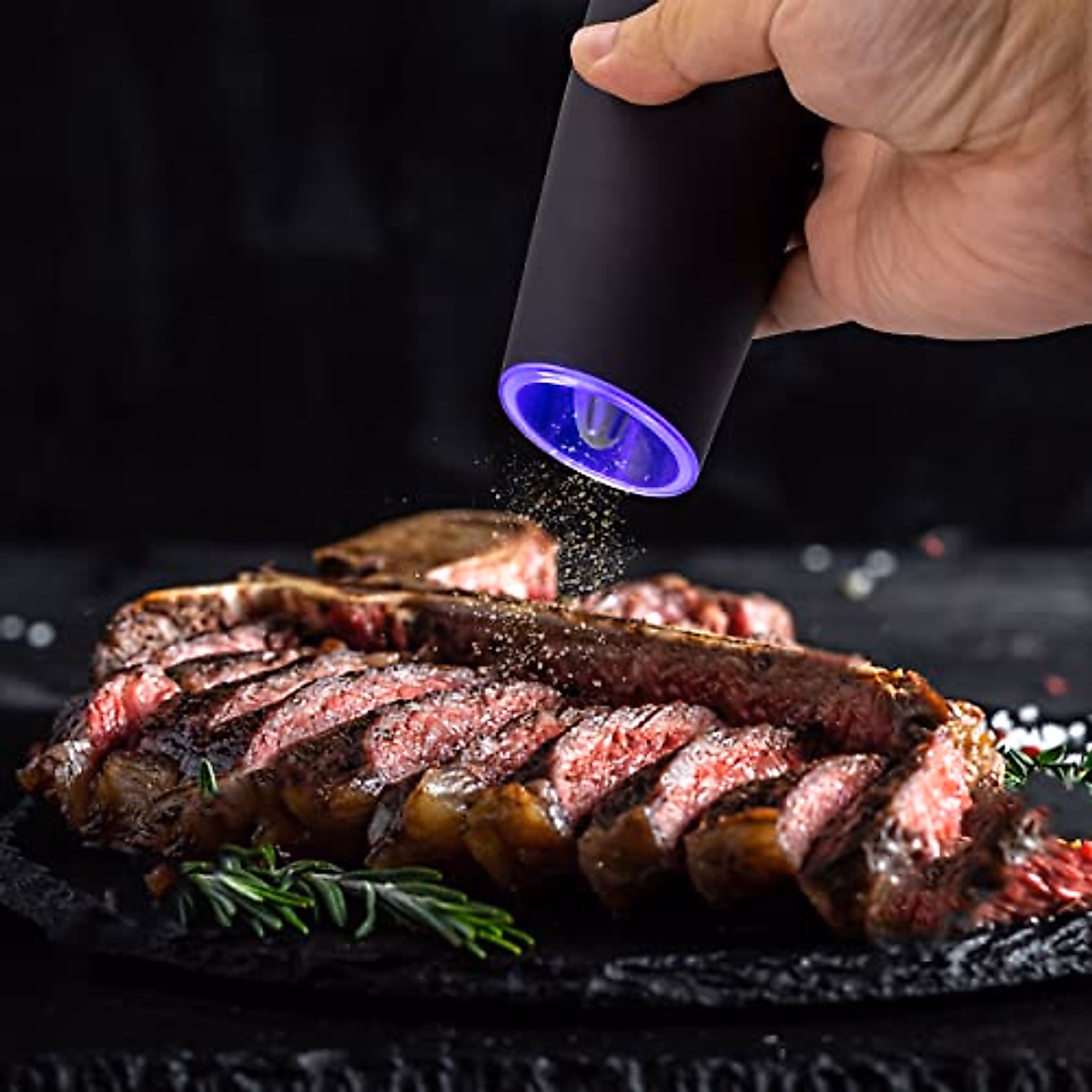 SimCoker Gravity Electric Salt and Pepper Grinder Set, Automatic Salt and Pepper Grinder Set Battery Operated, Adjustable Coarseness with LED Light, One Hand Automatic Operation, Spoon, Black, 2 Pack