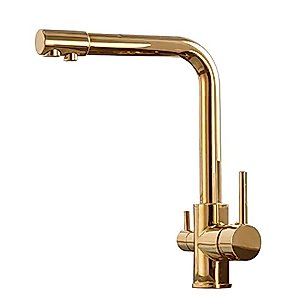 3 Way Kitchen Faucet for Filter Water System, Kitchen Taps Brass Purified Water Hot and Cold Water Swivel Kitchen Sink Tap-Gold