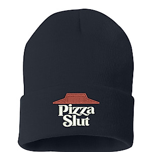 ALLNTRENDS Pizza Slut Embroidered Beanie Warm Hat Winter Cap Adult Graphic Beanies (Navy Blue)